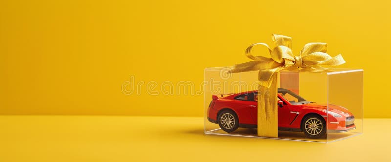 A Red Toy Car in a Gift Box with a Yellow Bow Stock Photo - Image of ...