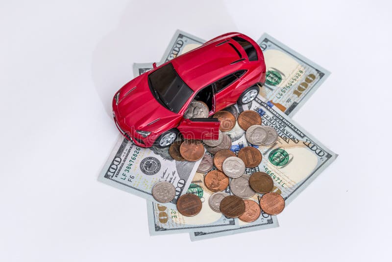 Red toy car with money stock image. Image of concept - 70180921