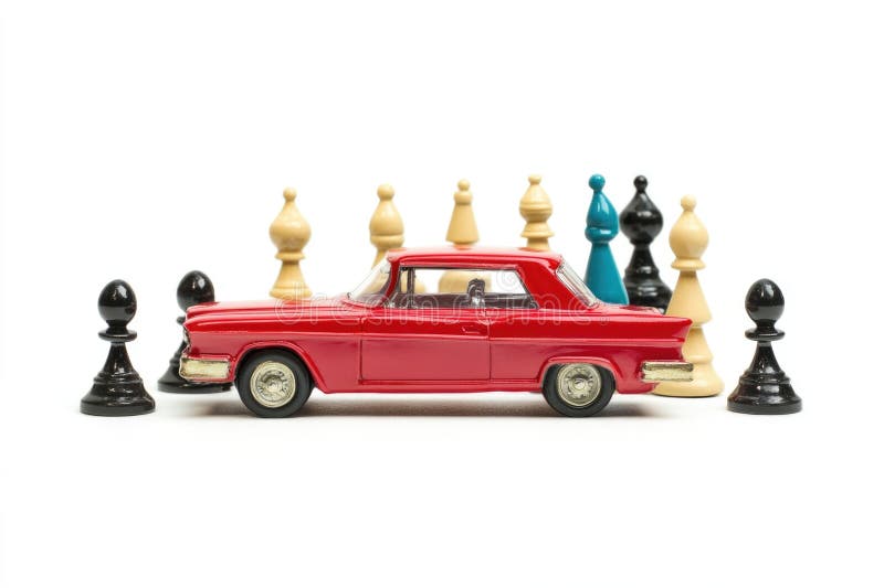 A Red Toy Car Placed among Chess Pieces on a Board Stock Photo - Image ...