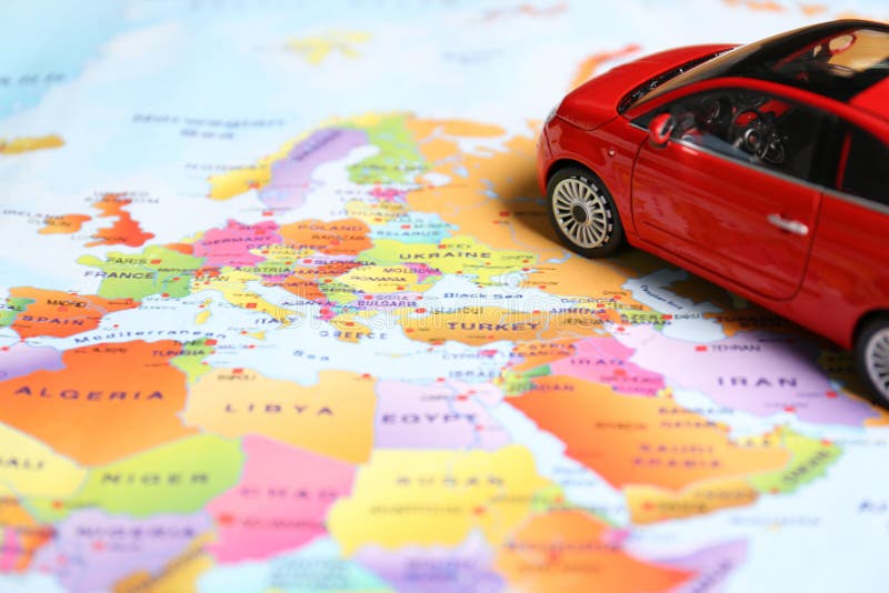 Red Toy Car on World Map. Trip Planning Stock Photo - Image of model ...