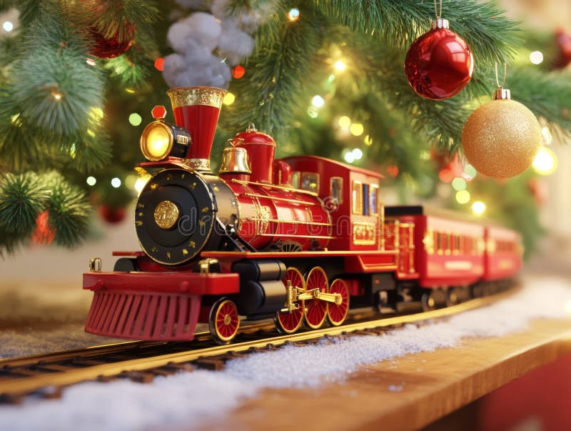 A Red Toy Train Chugging Under a Christmas Tree Stock Illustration ...
