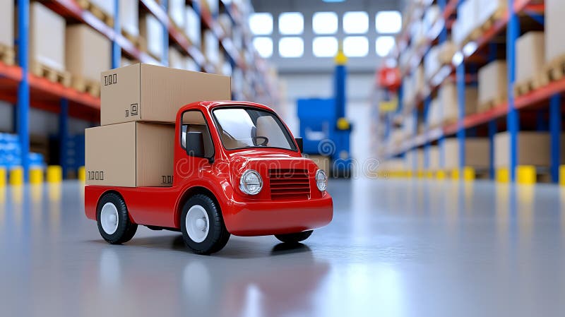 Red Toy Truck with Boxes Parked in Warehouse Aisle, Showcasing Spacious ...