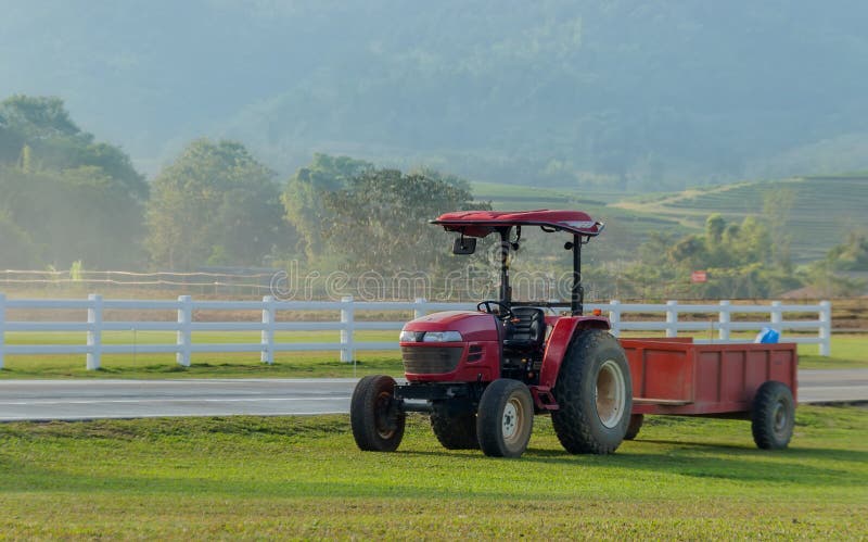 Red Tractor Car on Farm in Agriculture Stock Photo - Image of grassland ...
