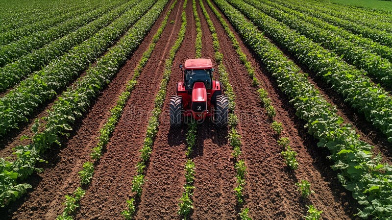 Red Tractor Cultivating Field with Intercropping Rows: Sustainable Agriculture Practices Stock ...