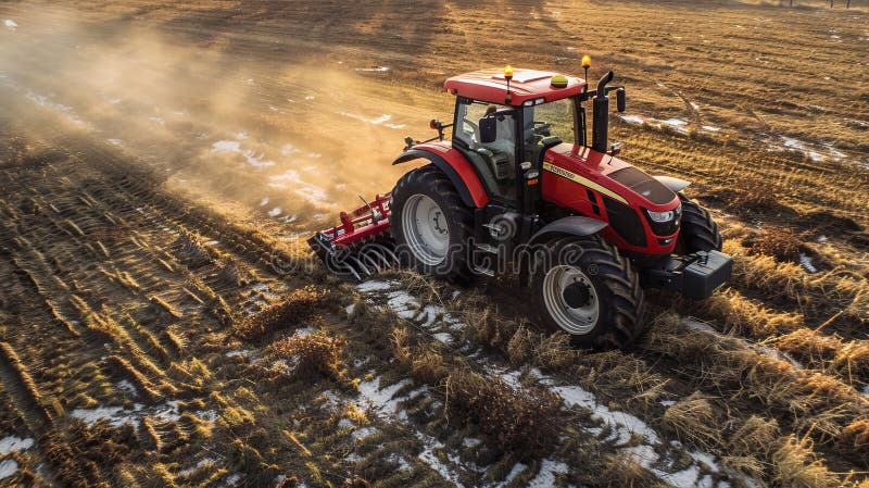Red Tractor Cultivating Winter Field at Sunset with Soft Light and Mist ...