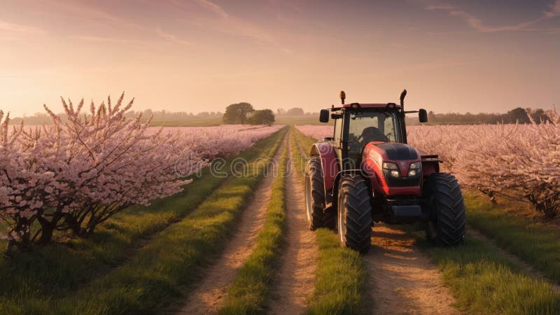 Red Tractor Driving on Dirt Road through Blossom Trees at Sunset Stock ...