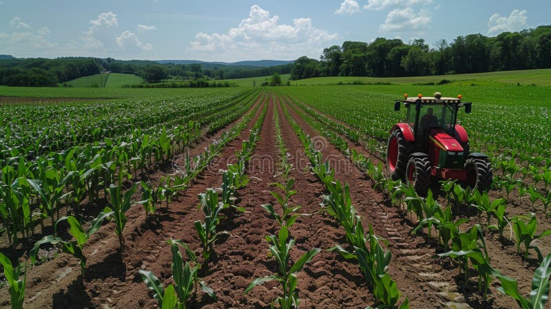 A Red Tractor Drives through Rows of Corn on a Sunny Day Stock ...