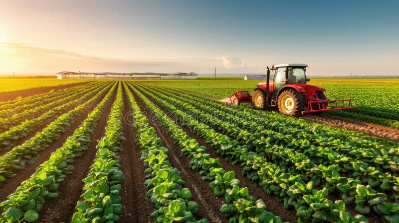 A Red Tractor Drives through Rows of Green Crops in a Field at Sunset ...