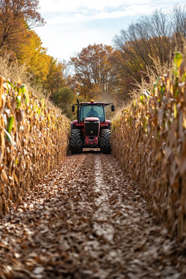 A Red Tractor Driving through a Corn Field in the Fall Stock Image ...