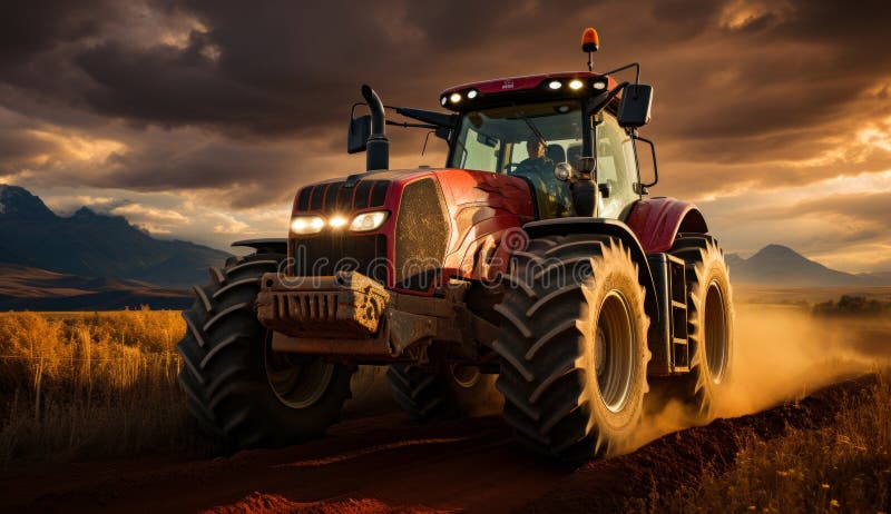 A Red Tractor Driving Down a Dirt Road Stock Image - Image of ...