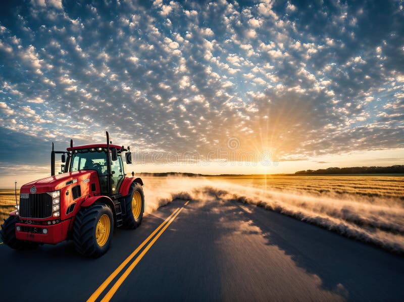 A Red Tractor Driving Down a Dirt Road at Sunset. Stock Photo - Image ...