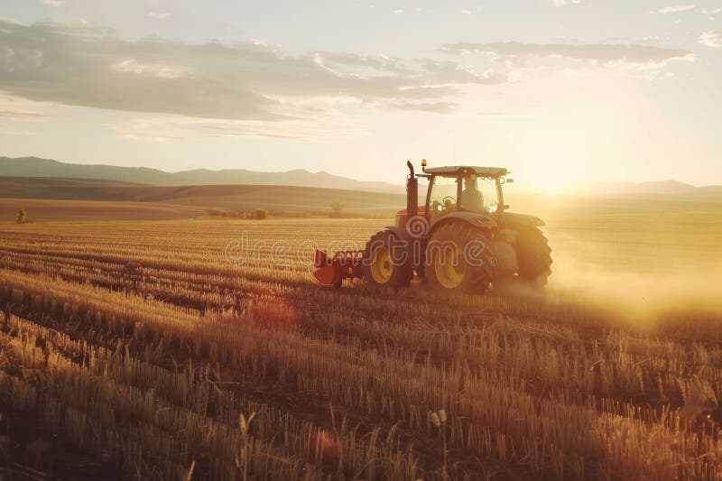 A Red Tractor is Driving through a Field of Dirt Stock Image - Image of ...