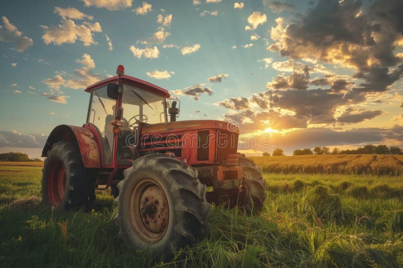 A Red Tractor is Driving through a Field of Dirt Stock Image - Image of ...