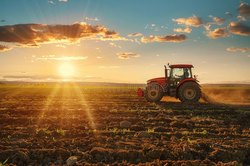 A Red Tractor is Driving through a Field of Dirt Stock Photo - Image of ...