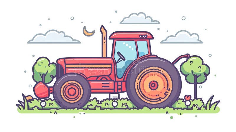 A Red Tractor is Driving through a Field of Grass and Flowers Stock ...
