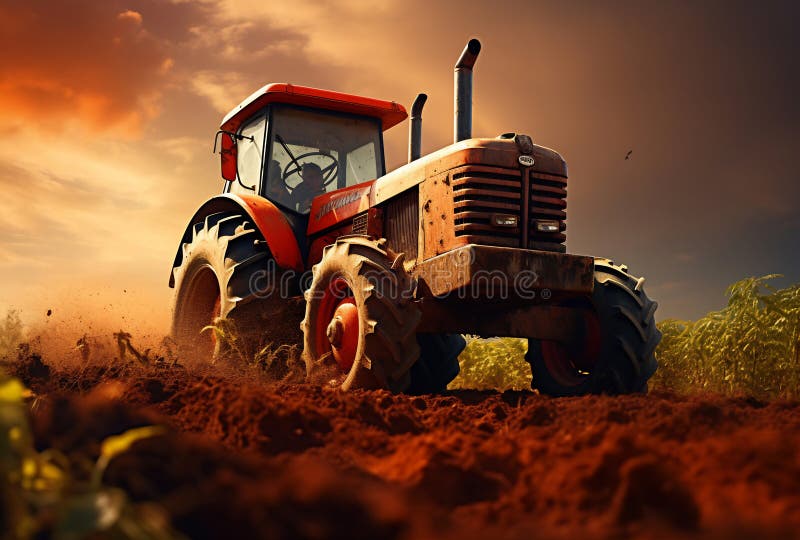 Red Tractor Driving through Field Stock Photo - Image of nature ...