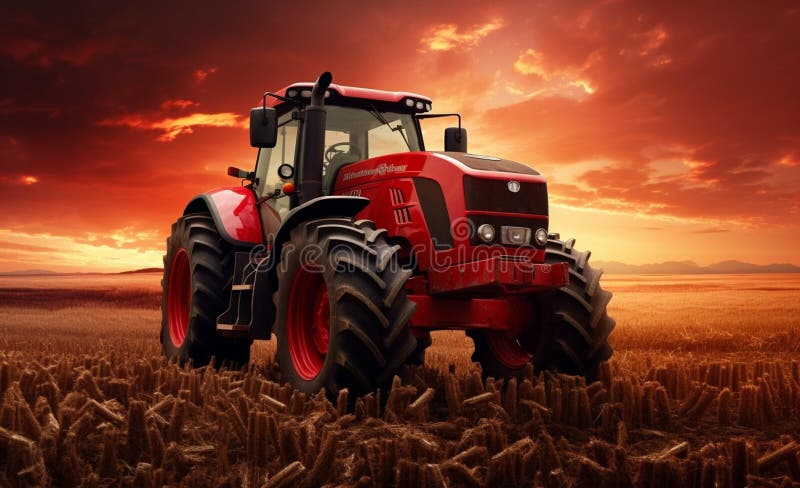 Red Tractor in a Field at Sunset, AI-generated. Stock Illustration ...
