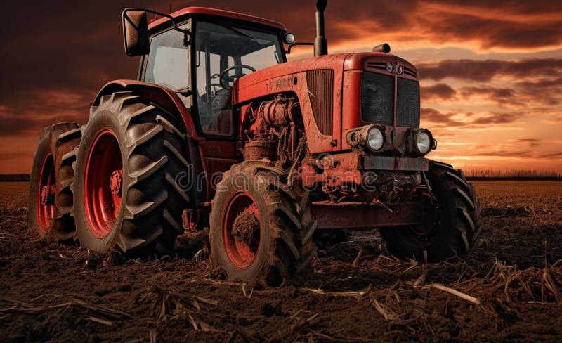 Red Tractor in a Field at Sunset, AI-generated. Stock Illustration ...