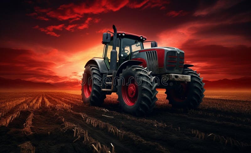 Red Tractor in a Field at Sunset, AI-generated. Stock Illustration ...