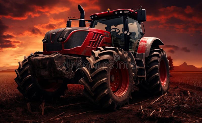 Red Tractor in a Field at Sunset, AI-generated. Stock Illustration ...