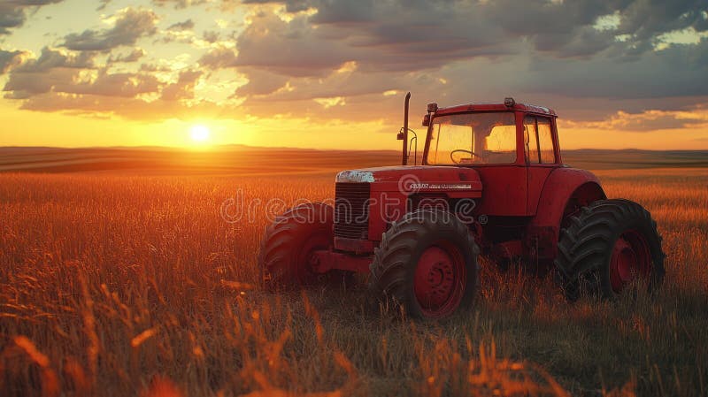 Red Tractor in Golden Field at Sunset Stock Illustration - Illustration ...