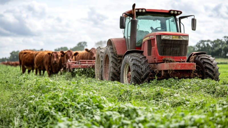 Red Tractor Harvesting Green Pasture with Cows in the Background Stock ...