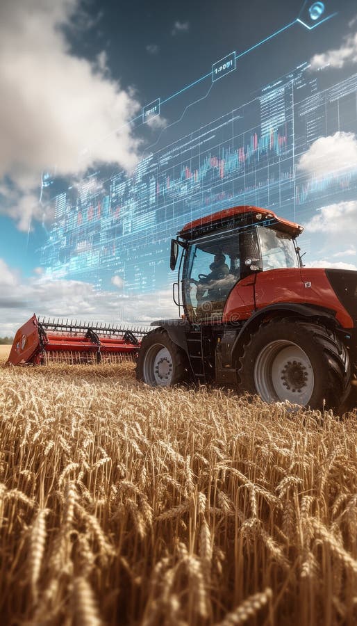 Red Tractor Harvesting Wheat in Field, Modern Agriculture, Data-Driven ...
