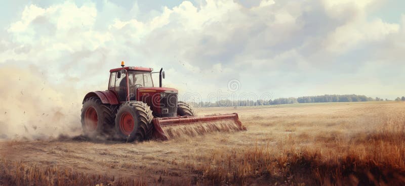 Red Tractor Harvesting Wheat in Golden Field Under Cloudy Sky Stock ...