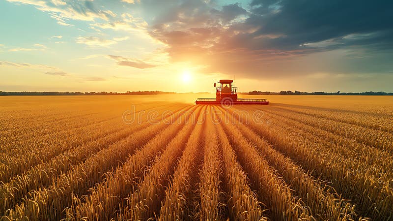 A Red Tractor Harvests Wheat in a Golden Field at Sunset Stock ...