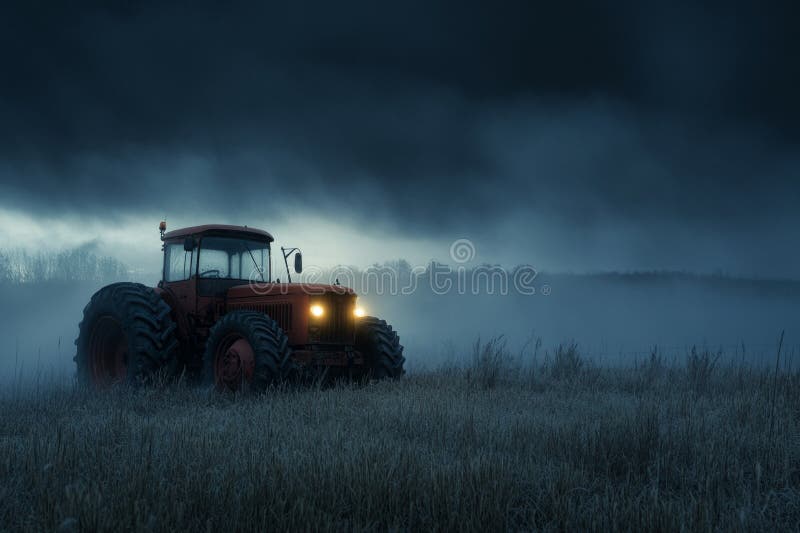 Red Tractor with Headlights on Standing in a Misty Field at Night ...