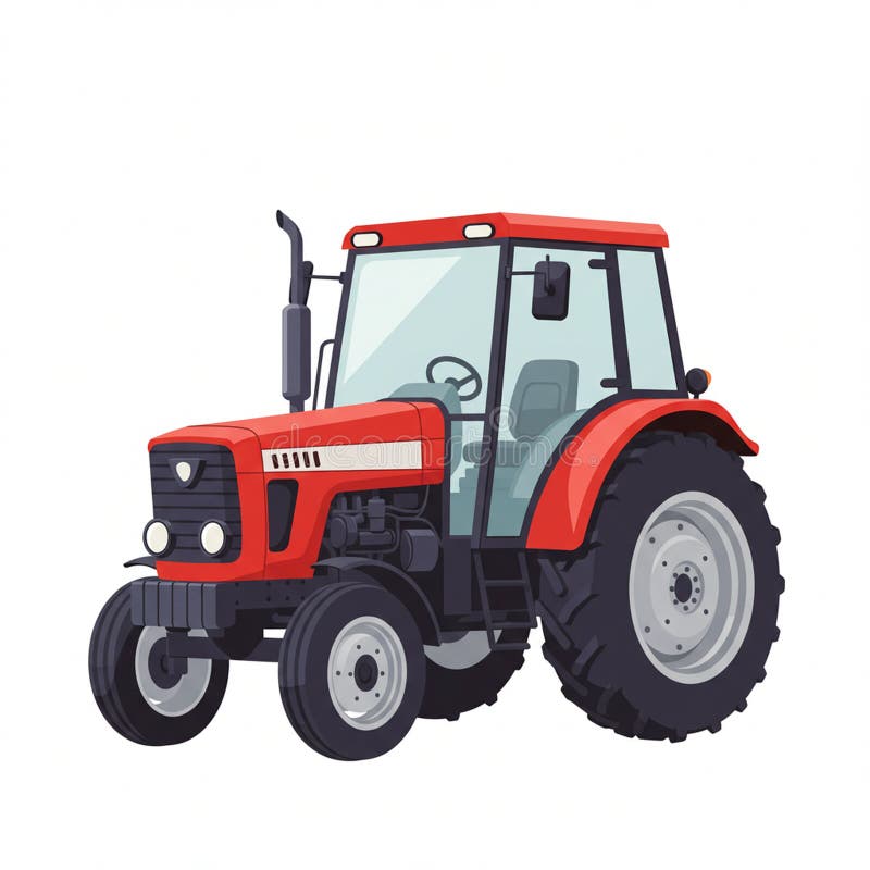 Red Tractor Illustration with a Large Enclosed Cab, Featuring a Glass ...