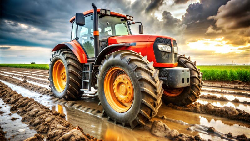 Red Tractor in Muddy Field at Sunset with Dramatic Sky Stock ...