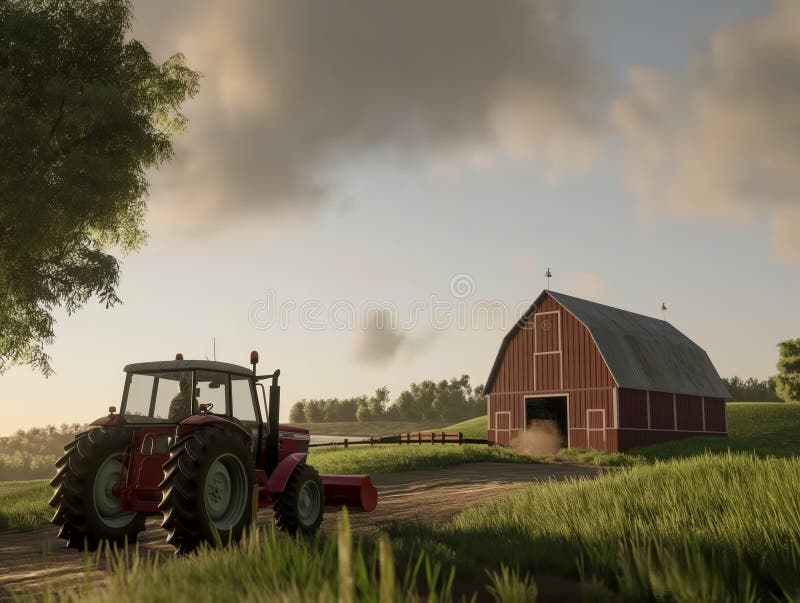 Red Tractor Near Barn at Sunset Stock Image - Image of dirt, barn ...