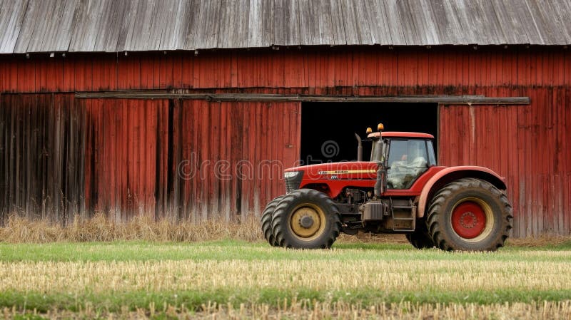 Red Tractor Parked Outside a Rustic Barn Symbolizing Rural Agricultural ...