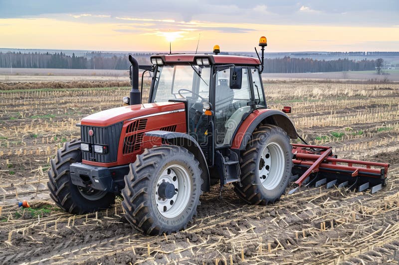Red Tractor in Plowed Field at Sunset with Stunning Rural Landscape ...