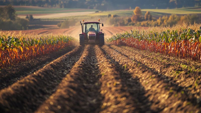 Red Tractor Plowing a Field of Dried Corn Stalks Stock Illustration ...
