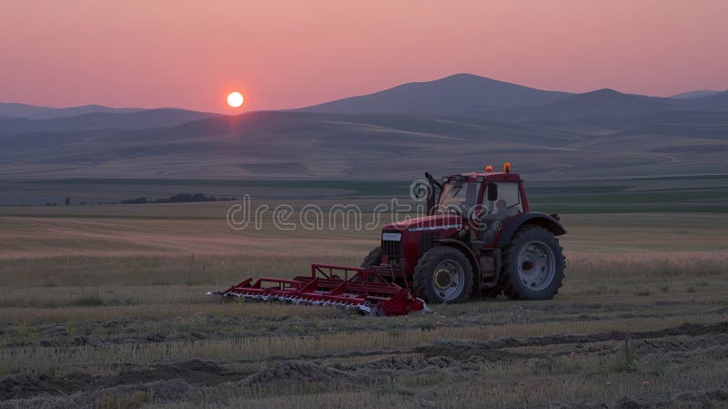 Red Tractor Plowing Field at Sunset with Mountain Backdrop Stock ...