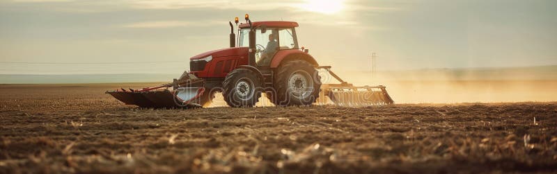 Red Tractor Plowing a Field at Sunset Under a Dusty Horizon Stock ...
