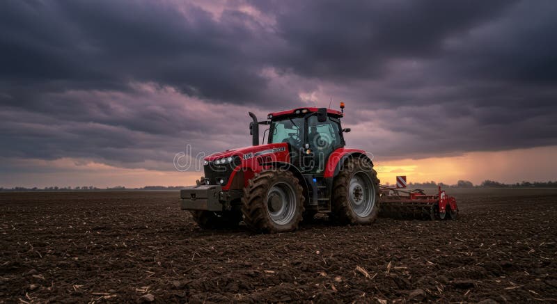 Red Tractor Plowing an Open Field Under Stormy Skies at Sunset Stock ...