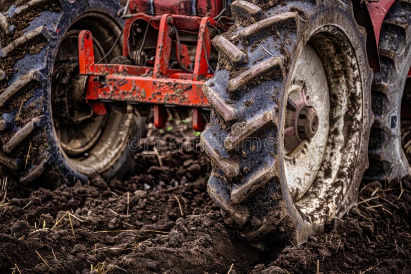 Red Tractor Plowing Soil with Mud Covered Tires Stock Illustration ...