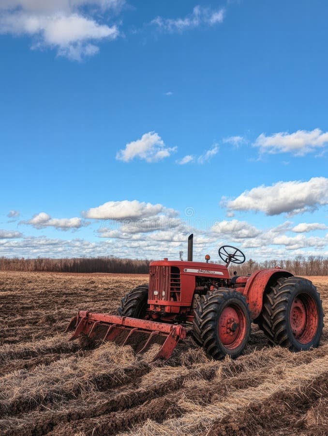 Red Tractor Working in a Plowed Field Under a Bright Blue Sky with ...