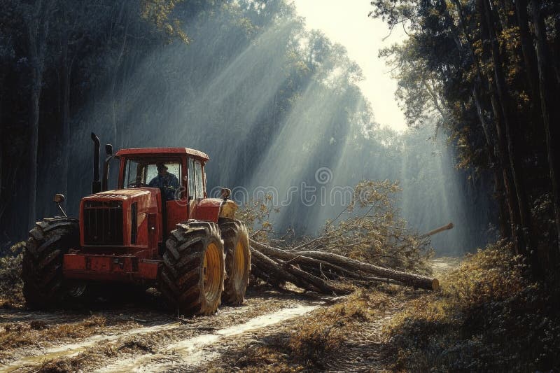 Red Tractor Pushing Fallen Trees in Deforested Area with Sunbeams ...