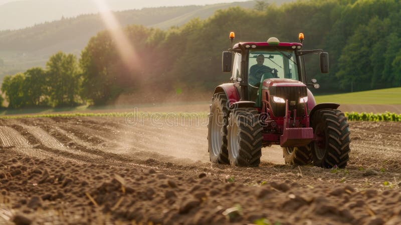 A Red Tractor with a Rear-mounted Cultivator Works a Field at Sunset ...