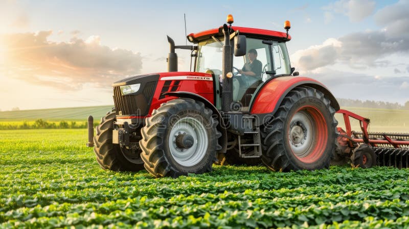 A Red Tractor with a Rear-mounted Cultivator Works a Field at Sunset ...