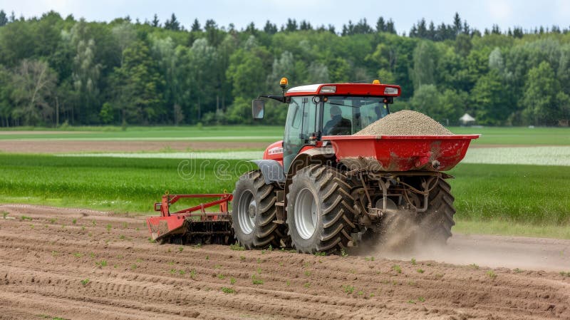 A Red Tractor with a Rear-mounted Cultivator Works a Field at Sunset ...