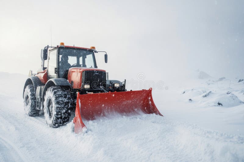 Red Tractor Removing Snow on a Snowy Mountain Road Stock Photo - Image ...