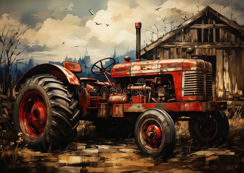 Rustic Charm: a Post-Apocalyptic Tale of a Red Tractor, Barn Bir Stock ...