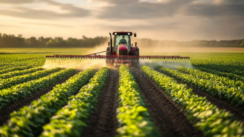 Red Tractor Spraying Crops in Lush Green Field at Sunset Stock ...