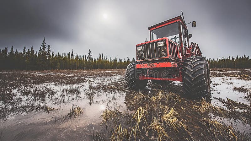 Red Tractor Swamp Fieldwork Boreal Forest Spring Stock Image - Image of ...