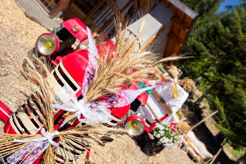 Red Tractor in White Tulle Rustic Wedding Decoration Stock Image ...